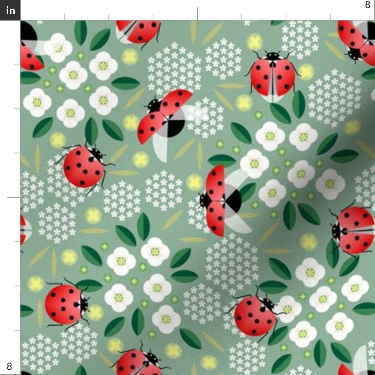 Ladybugs Fabric Ladybugs and Flowers by Heleenvanbuul Sage - Etsy