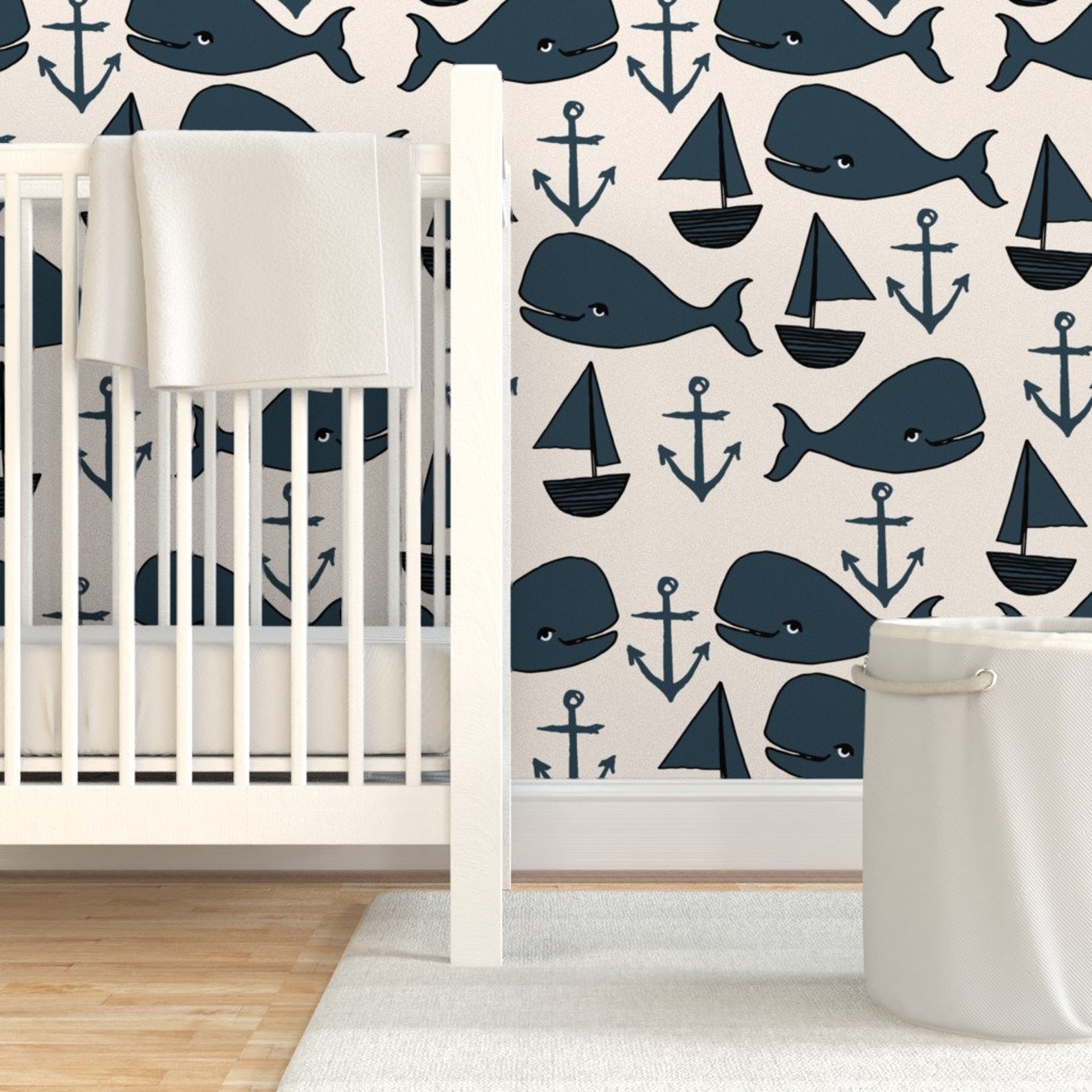 Nautical Whales Wallpaper Dark Navy Blue and Cream by Andrea | Etsy