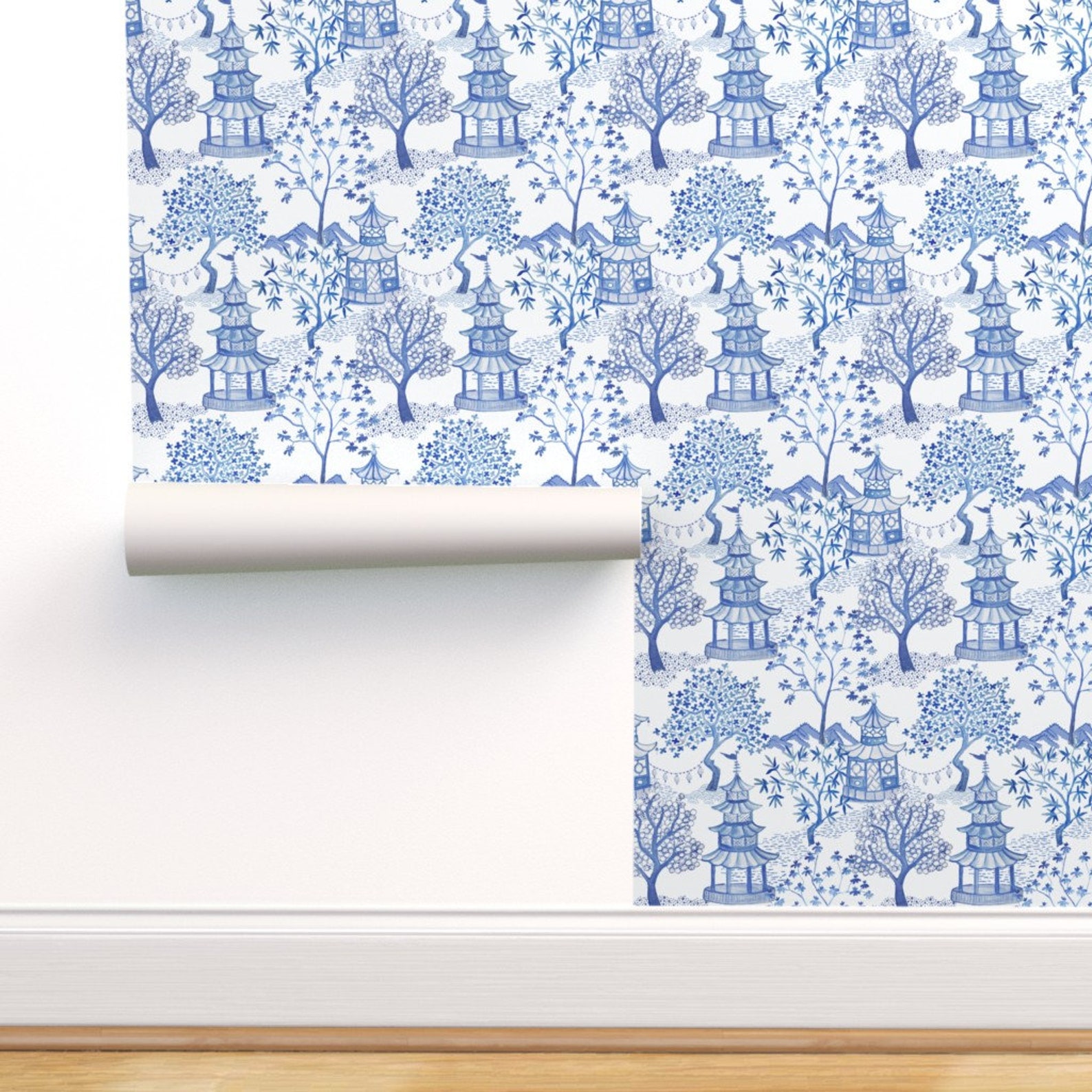 Pagoda Wallpaper Pagoda Forest in Blues by Danika Herrick - Etsy