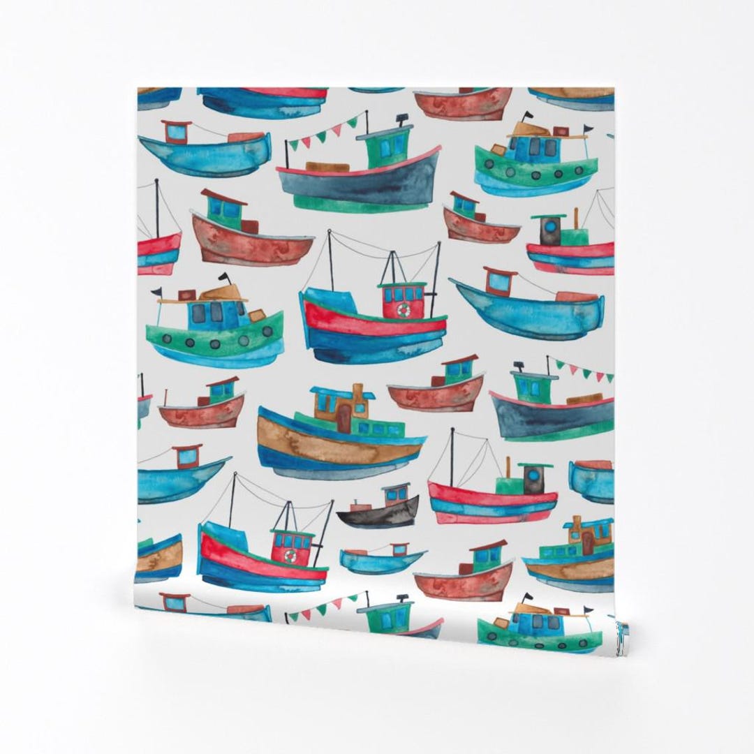 Boat Wallpaper - Red Blue Fishing Boats by Elena O'neill Illustration ...