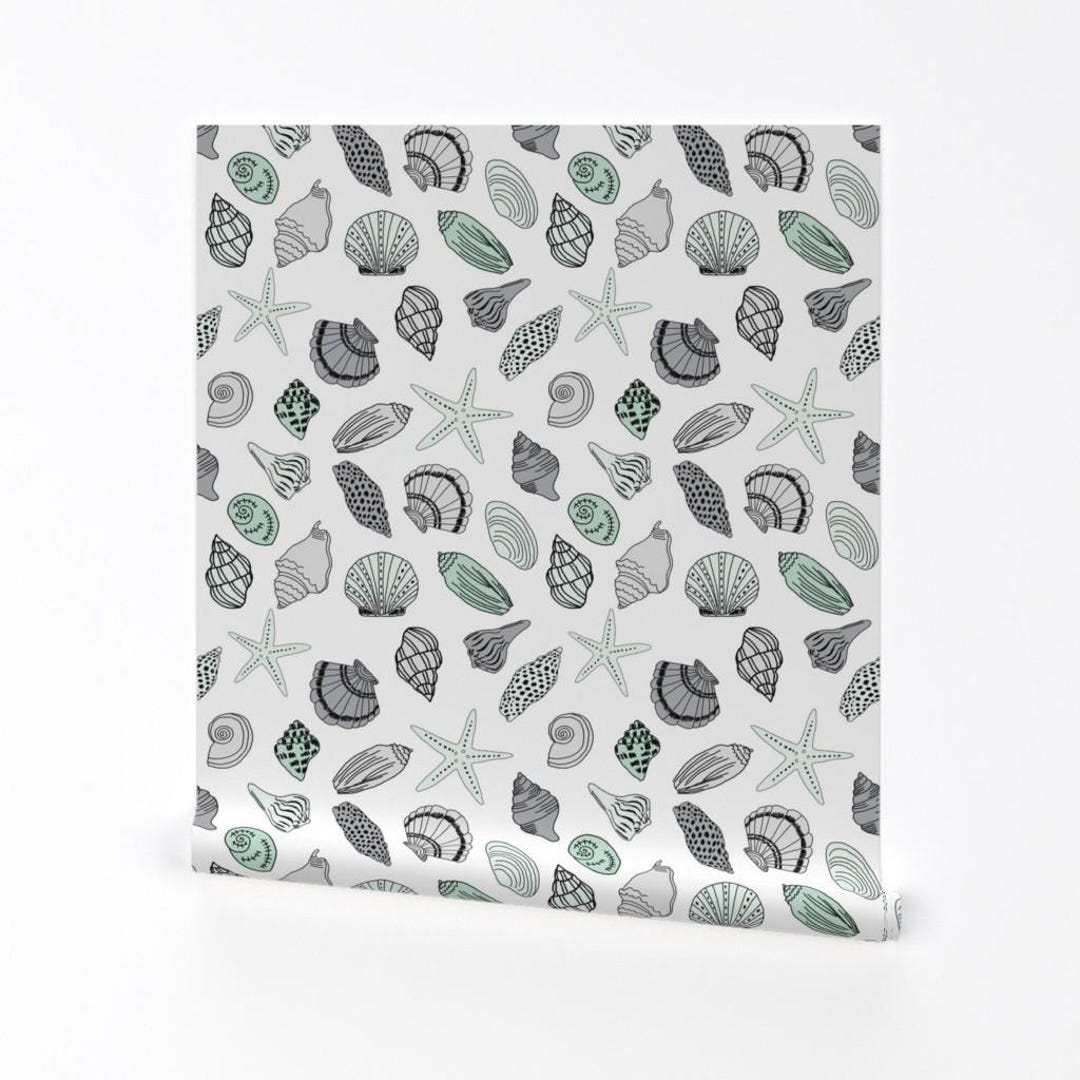 Seashells Wallpaper - Seashells Nautical Mint Grey by Andrea Lauren ...