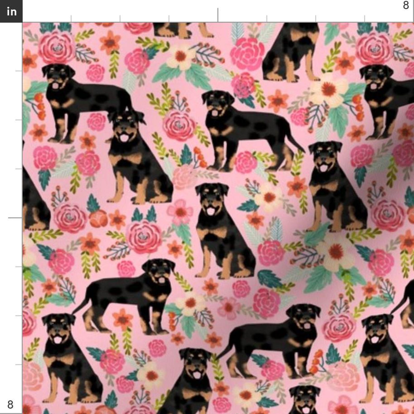 Rottweiler Fabric - Rottweiler Vintage Floral Dog by Petfriendly - Pink ...