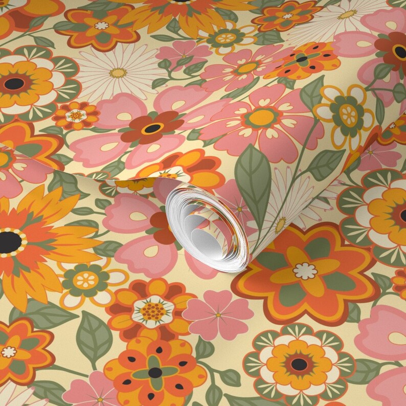 Pink 70s Floral Wallpaper Flower Power by Anne_leue Retro - Etsy