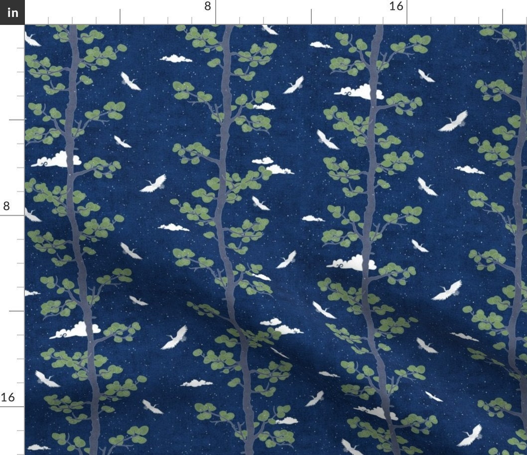 Japanese Trees Fabric Night Sky With Pines Cranes small | Etsy
