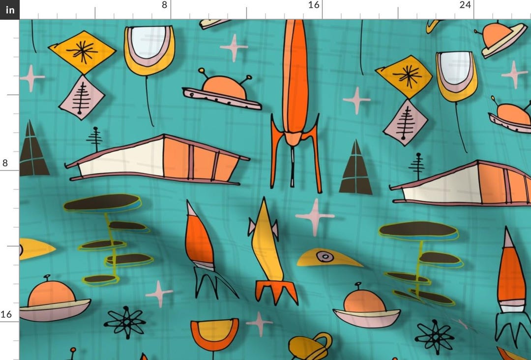 Retro Spaceship Fabric - Space Age Blues Space Station by Bruxamagica ...
