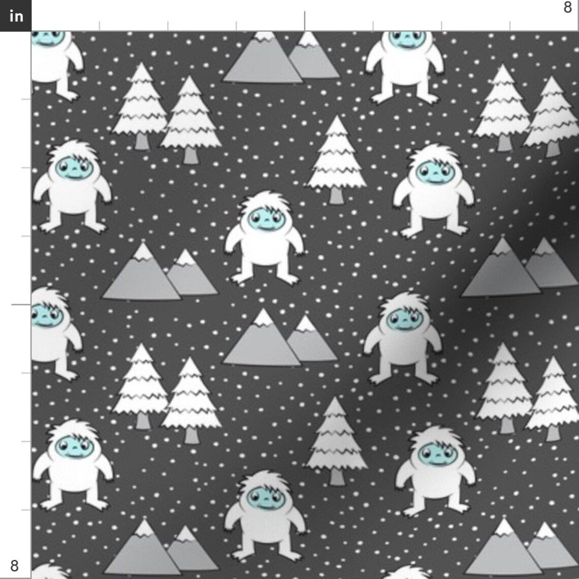 Yeti Snowman Fabric Yetti Trees Mountains Grey With Snow - Etsy