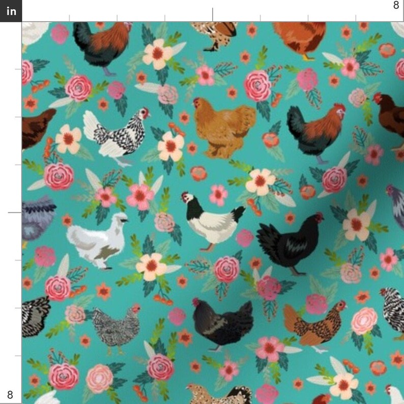 Chicken Breeds Fabric Floral Chicks by Petfriendly Teal - Etsy