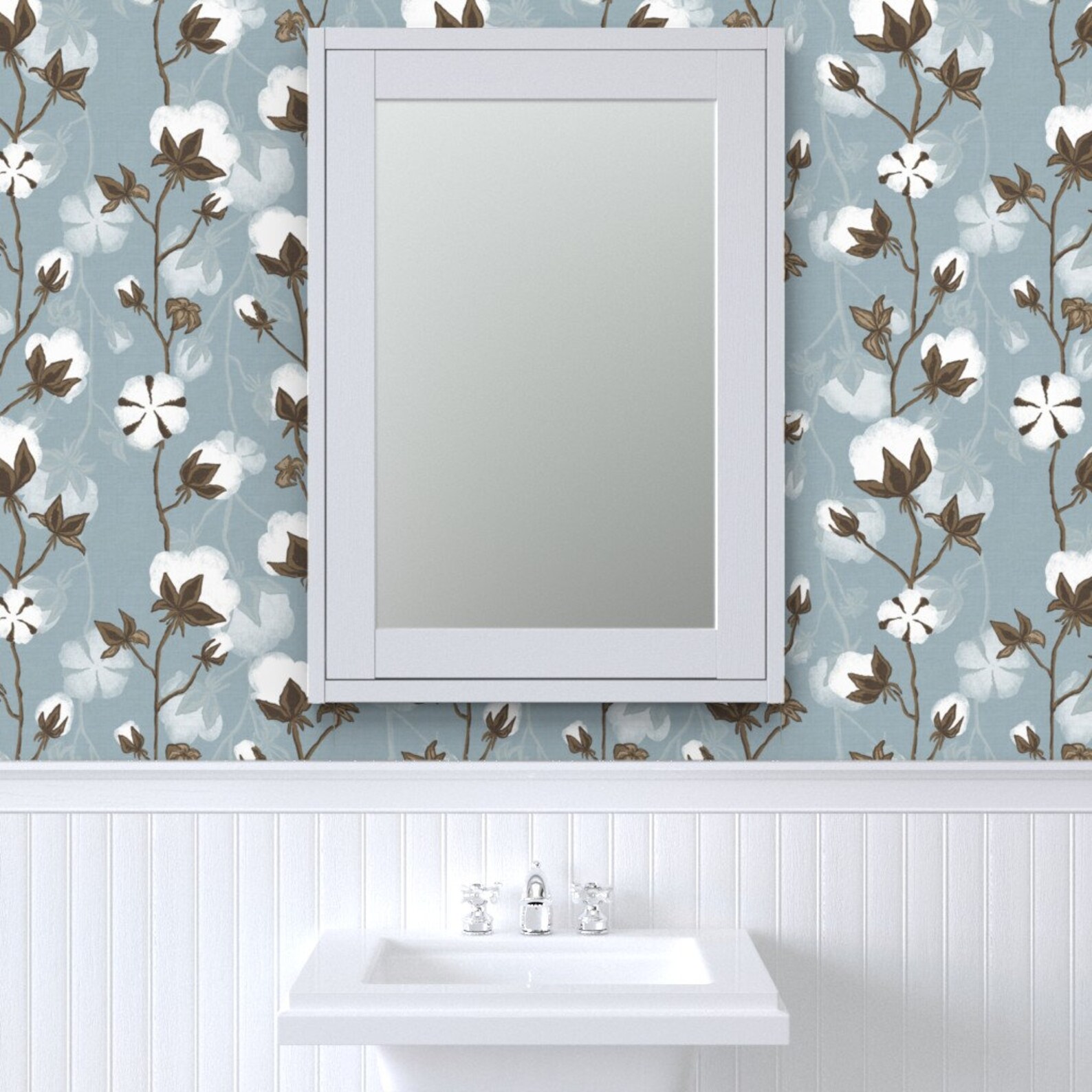 Cotton Wallpaper Cotton Pods on Grey Blue by Katevasilchenko - Etsy