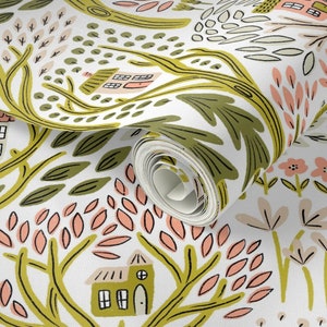 Treehouse Wallpaper Acacia pink and Green by Amy_maccready - Etsy