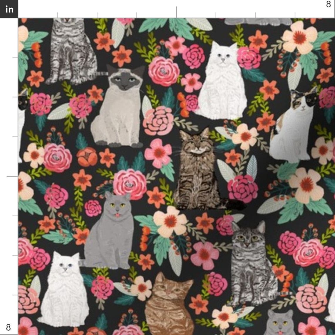 Cat Fabric Floral Vintage Watercolor Flowers and Cats Fabric - Etsy