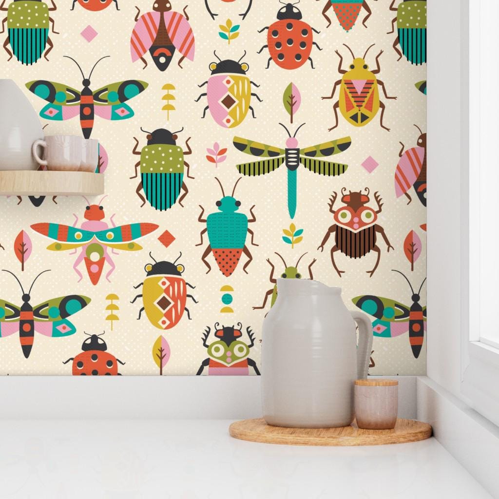 Retro Bugs Removable Peel and Stick Wallpaper - Butterfly Beetles ...