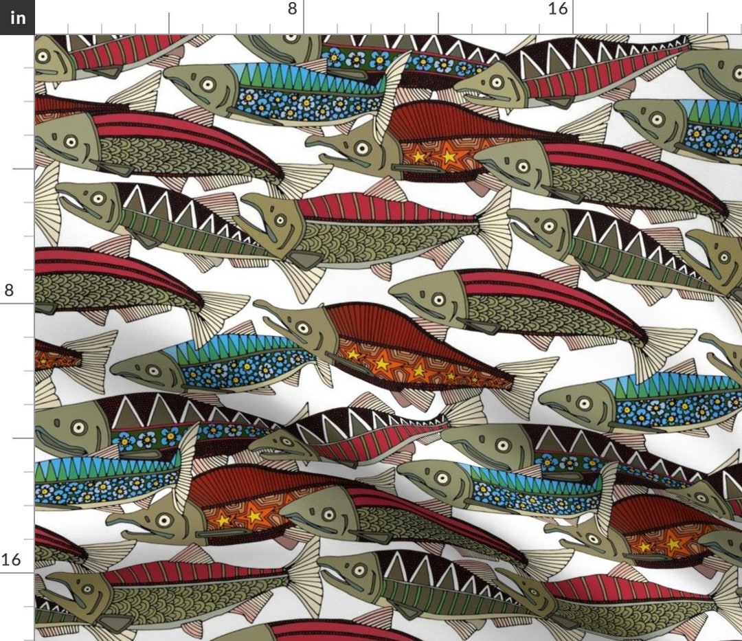 Salmon Fish Fabric Alaskan Salmon White by Scrummy Rustic Salmon Alaska ...