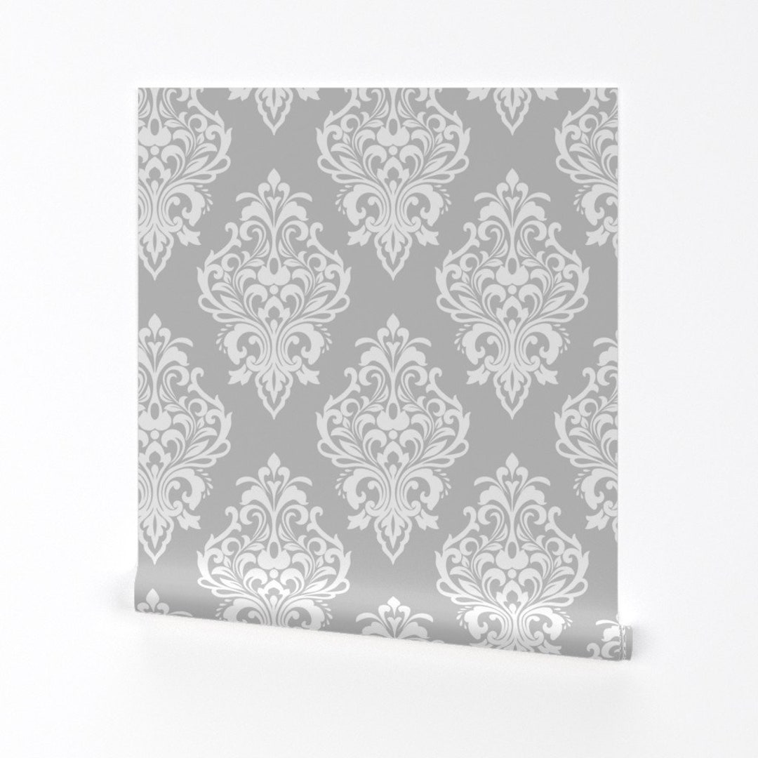 Damask Wallpaper Modern Damask-gray White by Ciel Bleu Design Gray ...