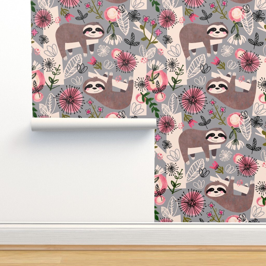 Sloths Wallpaper Lovable Sloths Large by Sarah Treu Pink - Etsy