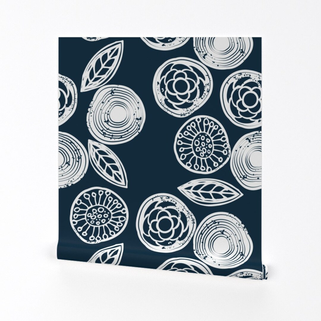 Floral Tree Ring Wallpaper Navy Tree Rings by Mintedtulip Modern Custom ...