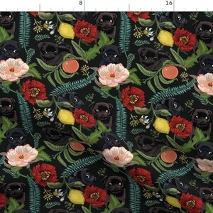 Pug Floral Fabric Botanical and Black Pugs by Huebucket Pug Animal ...