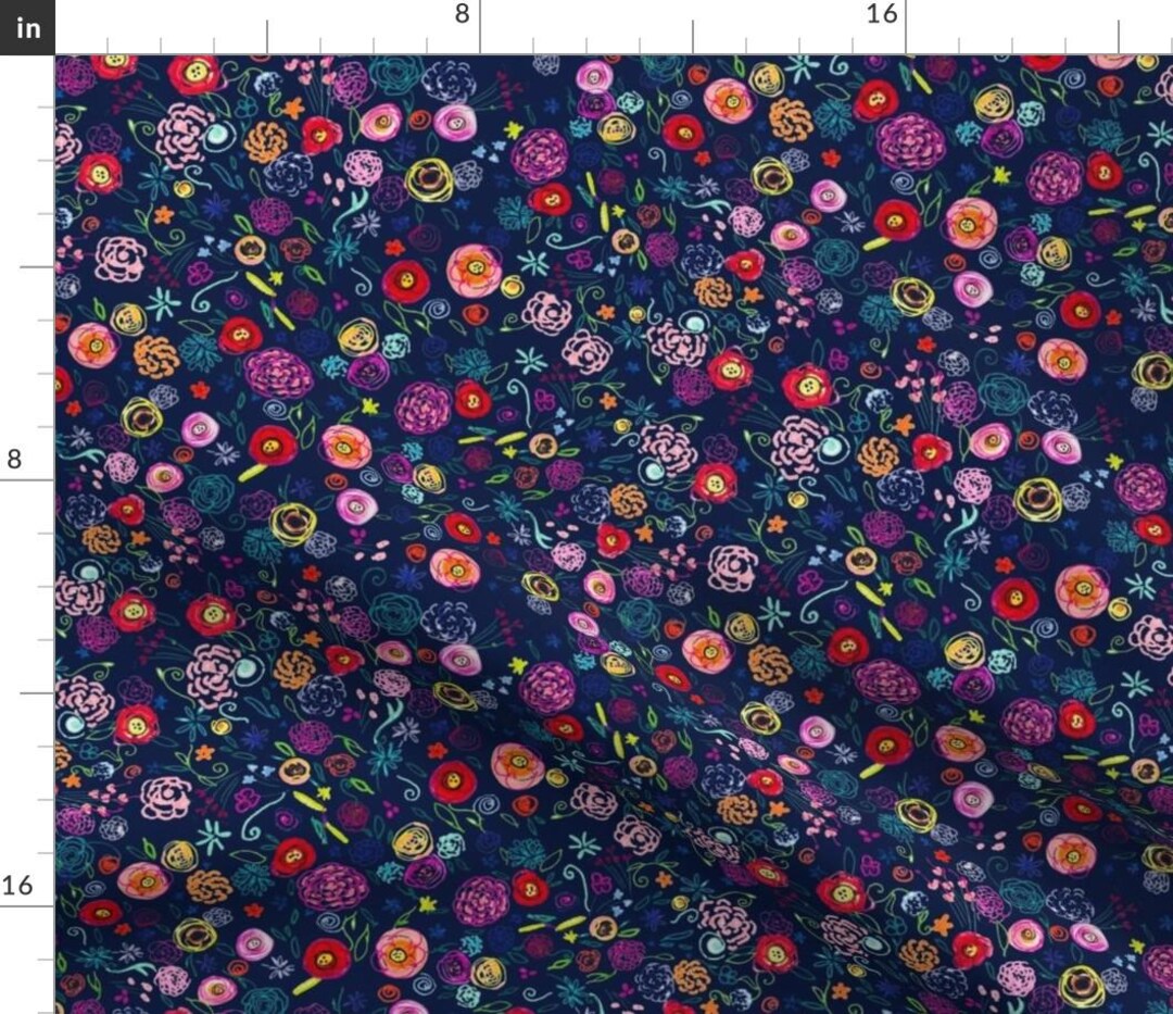 Petite Navy Floral Fabric Colorful Floral Doodle on Navy Background by ...