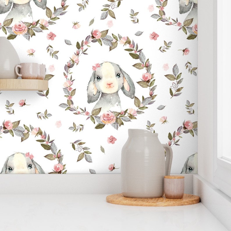 Bunny Wallpaper Pink Bunny With Bow Flowers by Shopcabin - Etsy