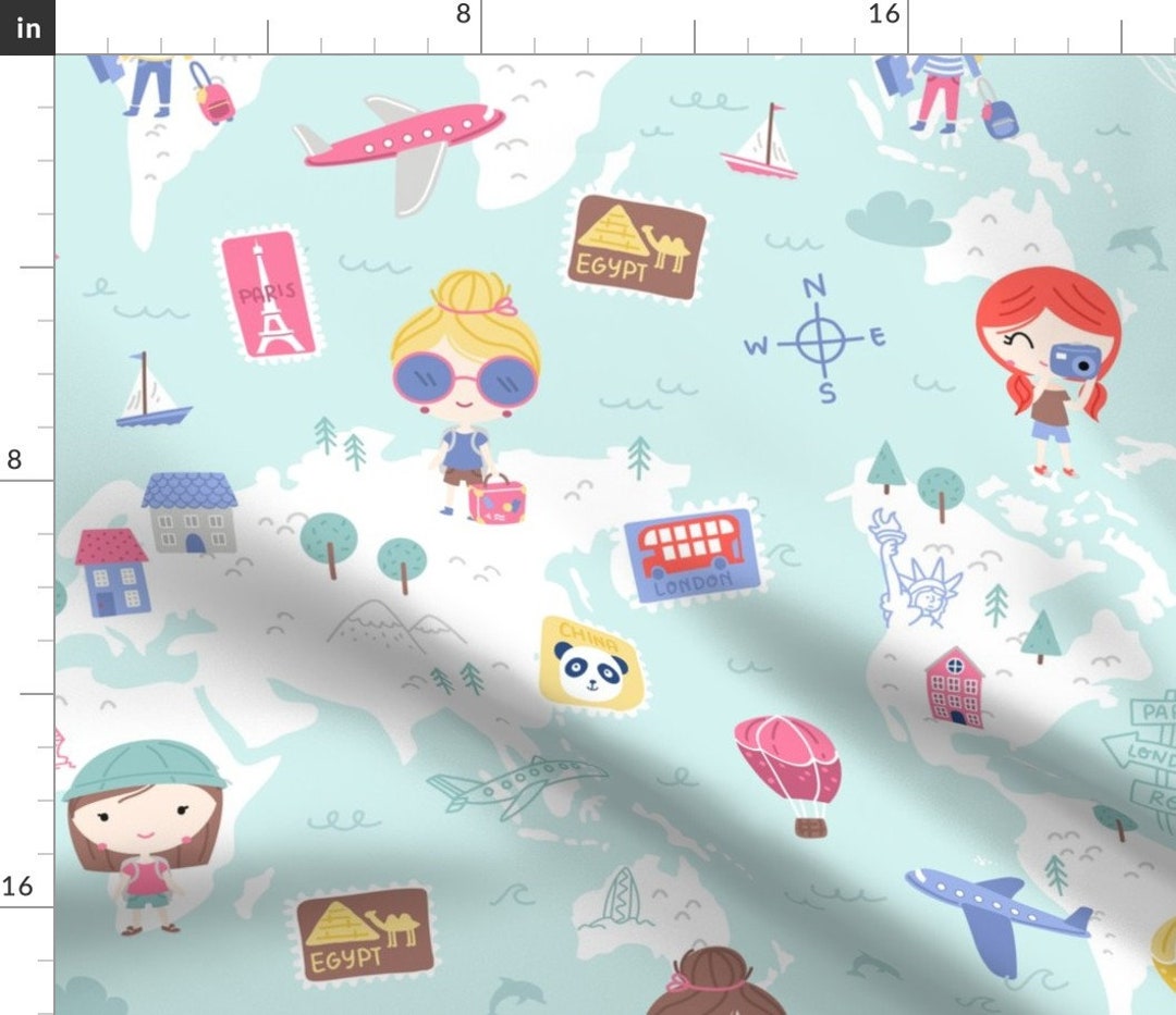 World Map Fabric Love 2 Travel Girls World Map by Ewa - Etsy
