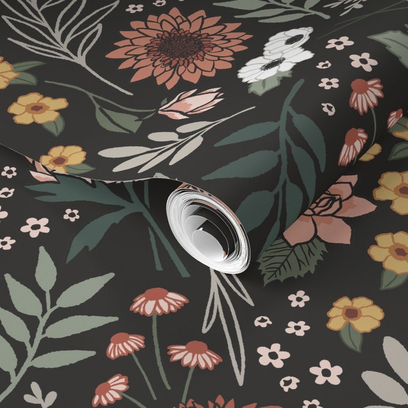 Boho Floral Wallpaper Boho Floral on Black by Devondesignco - Etsy