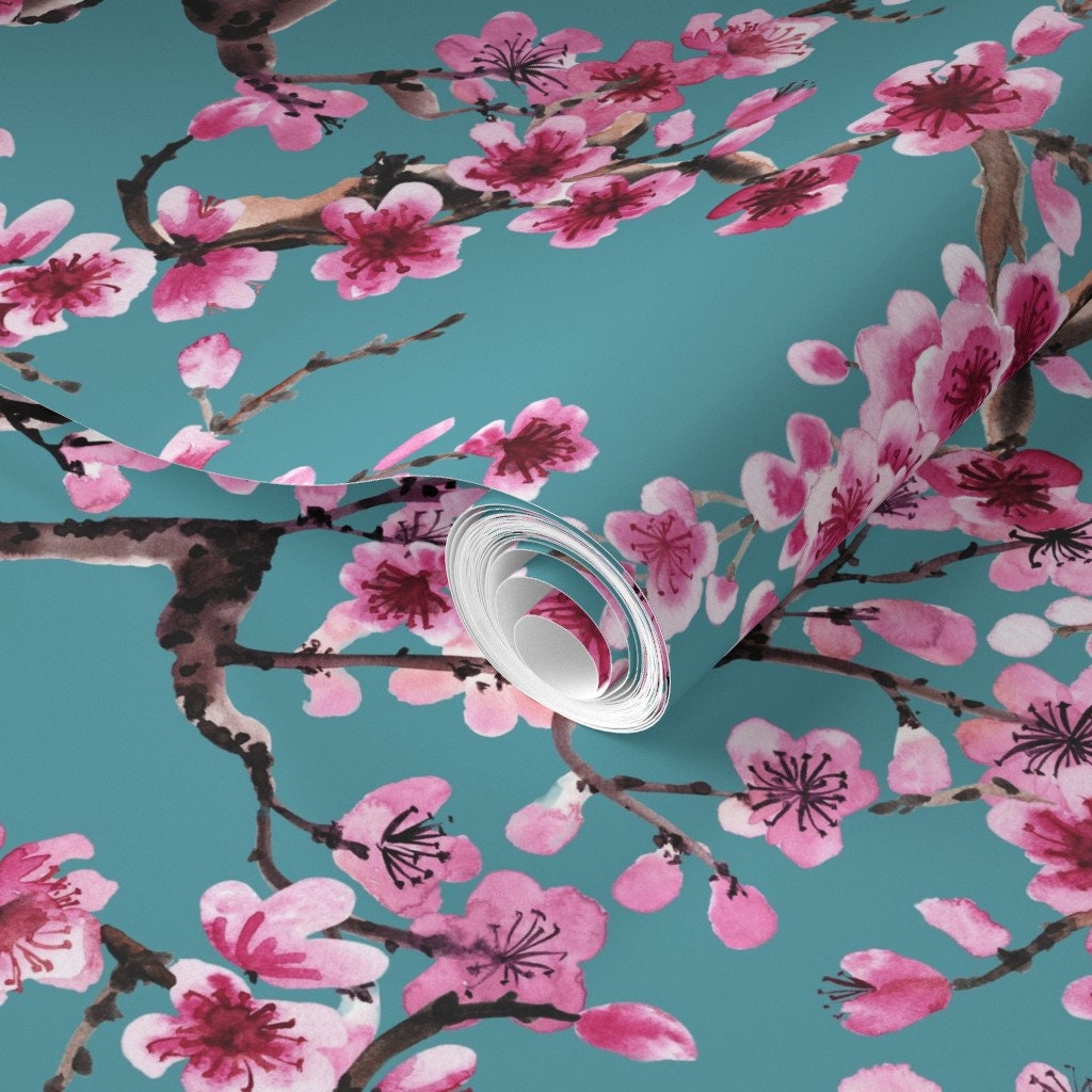 Japanese Wallpaper Sakura Turquoise by Sveta Aho Jumbo - Etsy
