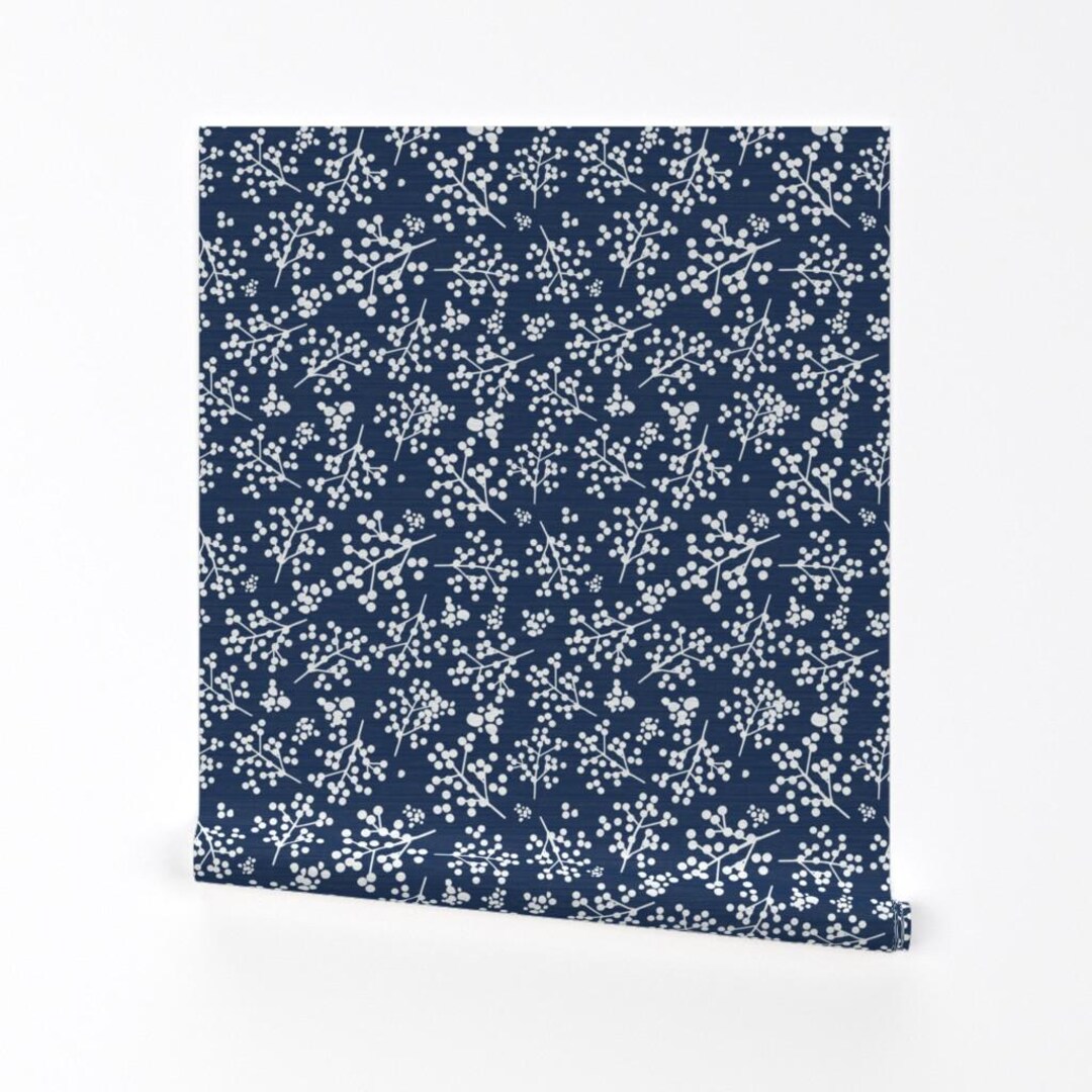Floral Wallpaper - Farmhouse Twigs by Sarah Treu - Blue White Flowers ...