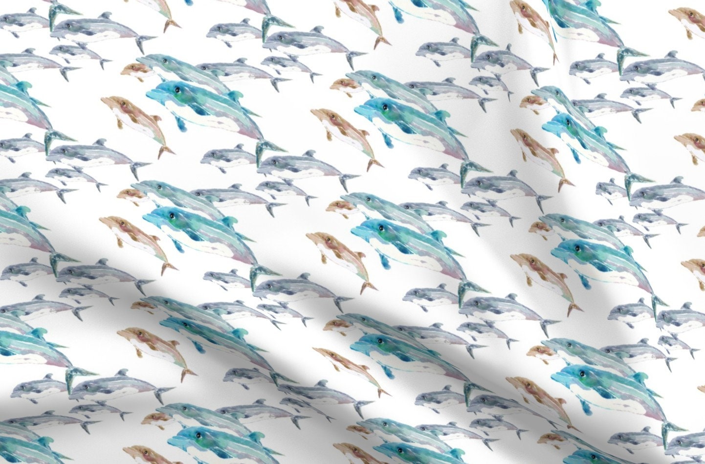 Watercolor Dolphin Fabric Blue Dolphins Swim By Lillyarts | Etsy