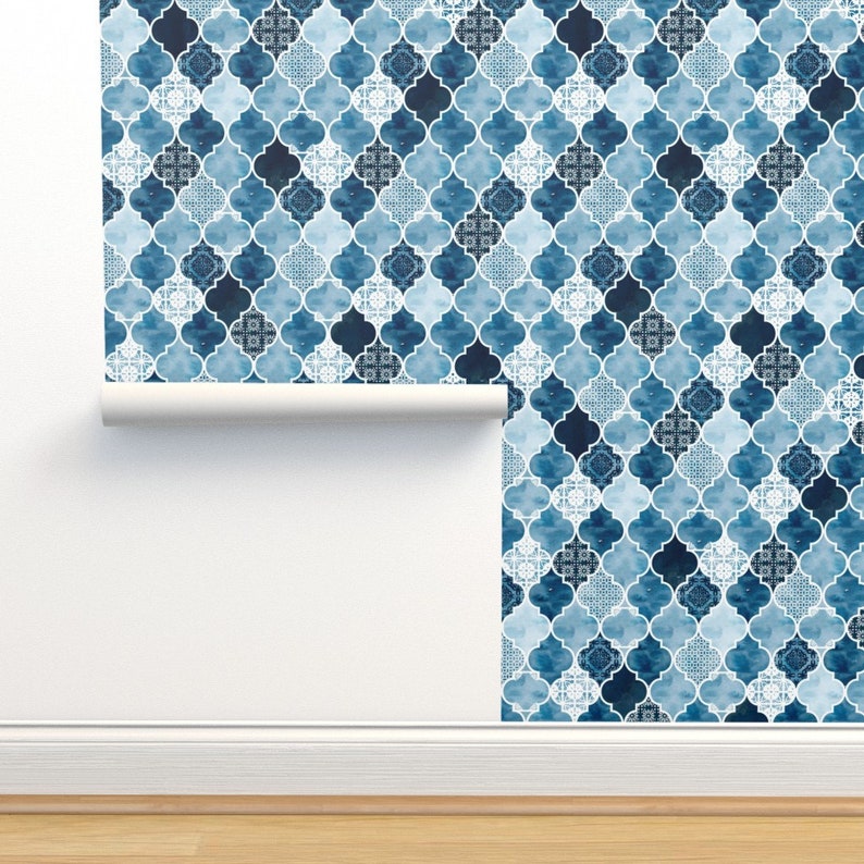 Moroccan Tile Wallpaper Moroccan Trellis by Adenaj Blue - Etsy