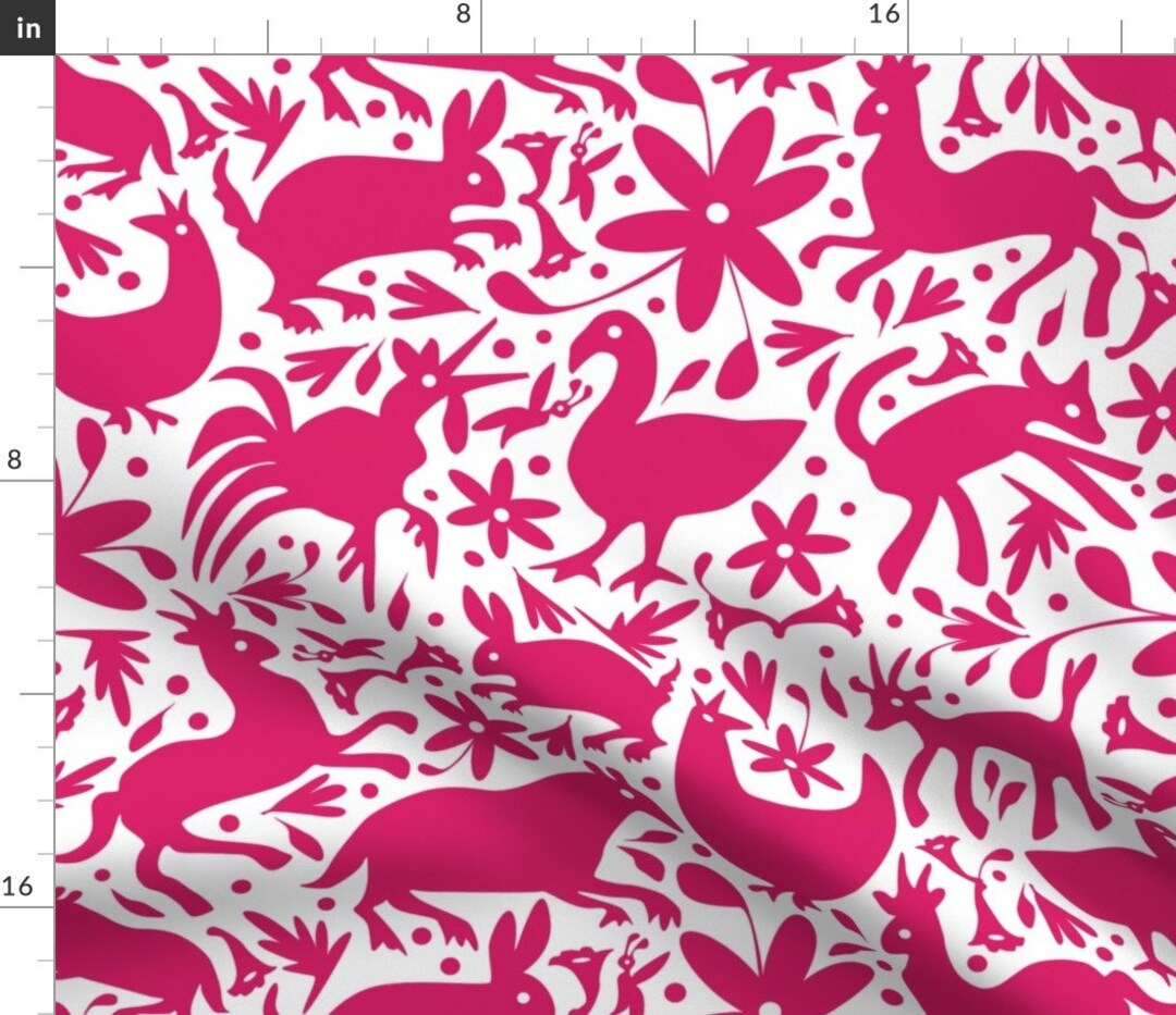 Pink Festive Animal Otomi Fabric Mexico Springtime Hot Pink on White ...
