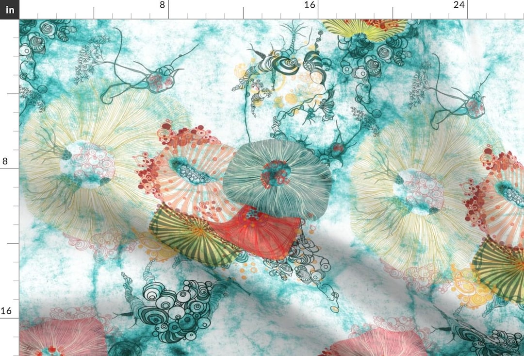 Coral Reef Fabric - Life at Sea in Aqua With Urchins and Jelly Fish by ...