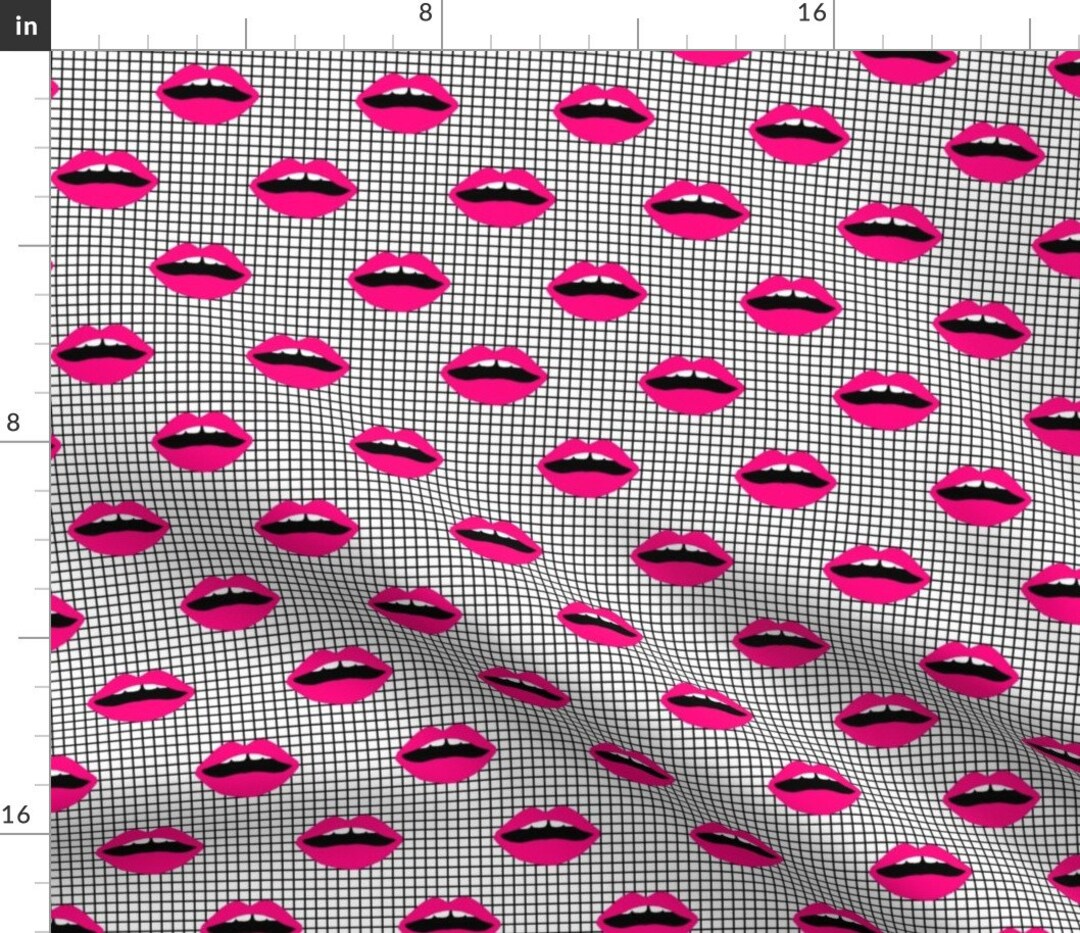 Lips Fabric Love Lips Lipstick Grid Pink Black White Grid - Etsy