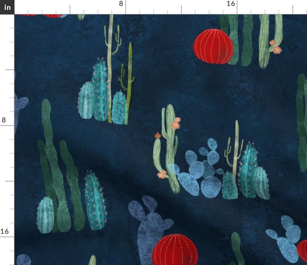 Midnight Cacti Collection Fabric Cactus Garden on Deep Blue - Etsy
