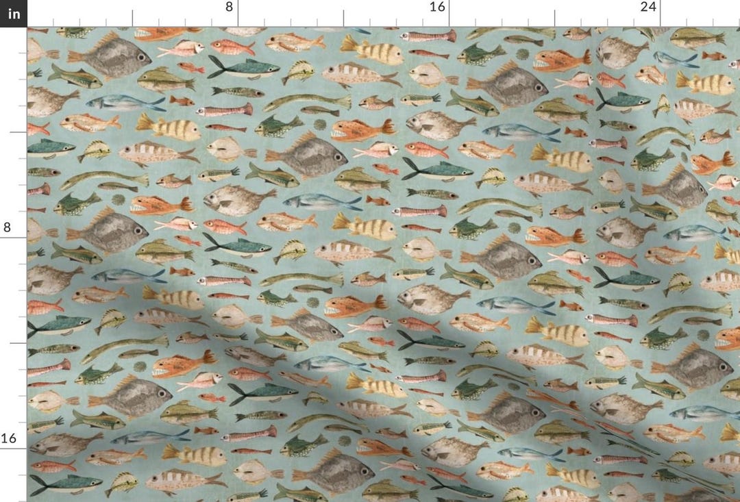 Colorful Fish on Blue Fabric - Fish in Duck Egg Blue by Katherine Quinn ...