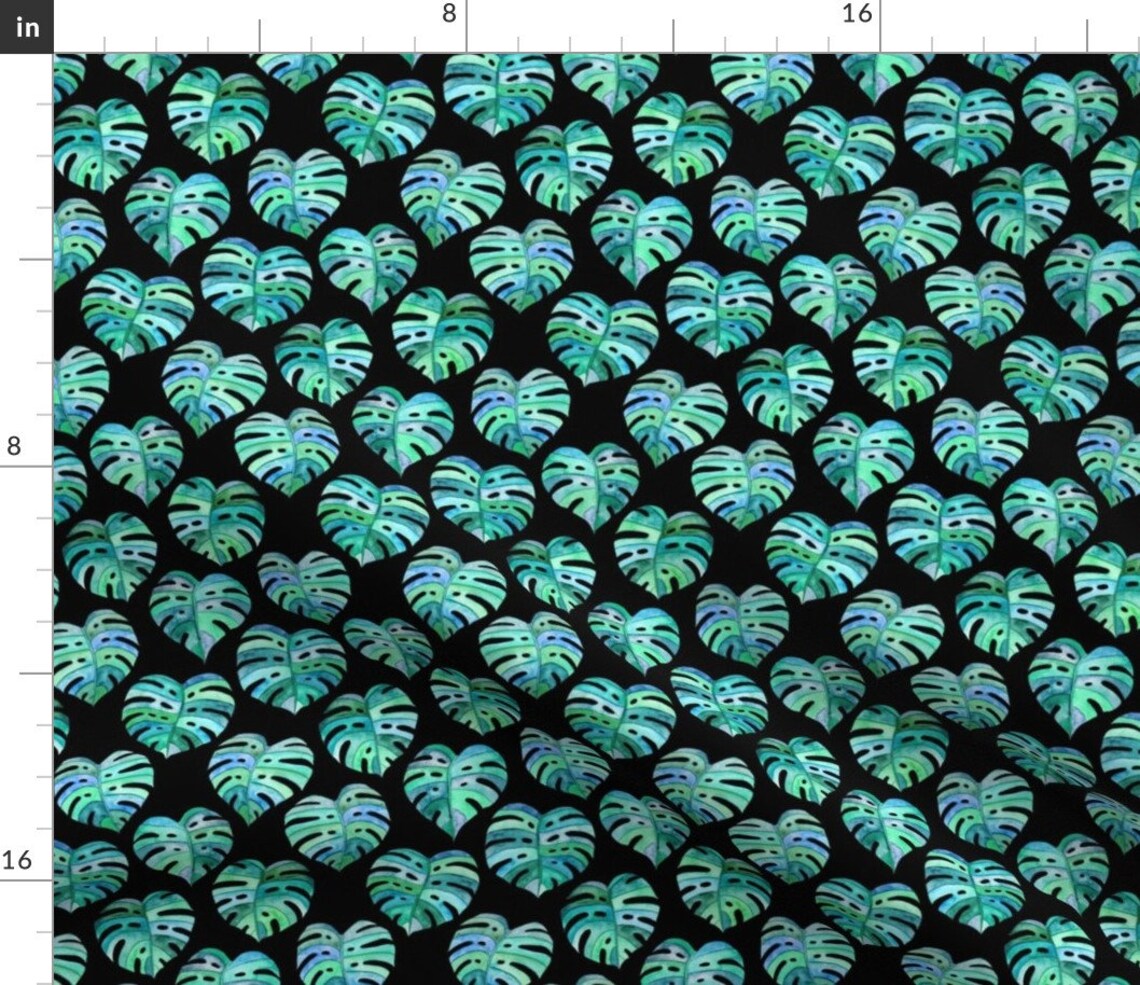 Monstera Fabric Heart Shaped Watercolor Monstera Leaves Blue | Etsy