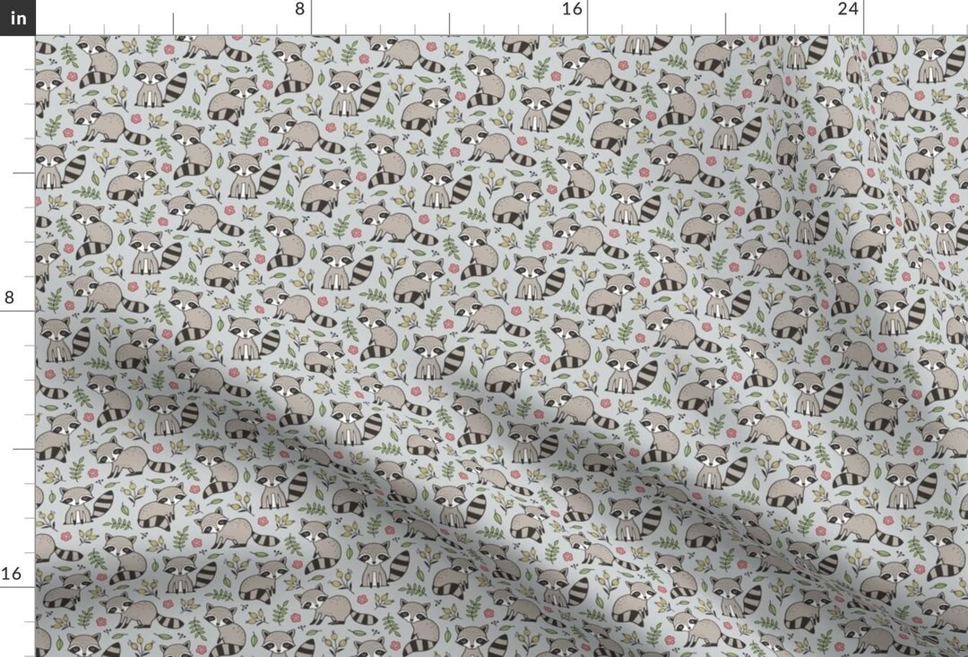 Raccoon Fabric - Raccoon With Leaves Flowers Grey by Caja Design ...