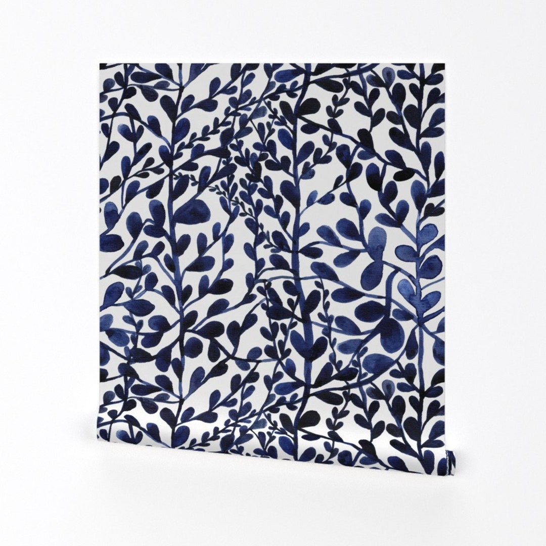 Botanical Wallpaper Navy Floral Leaves by Marjolein in - Etsy