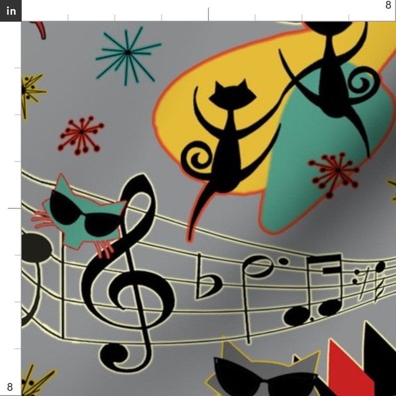 Vintage Gray Music Cats Rock On Fabric Rockabilly Cool Cats | Etsy