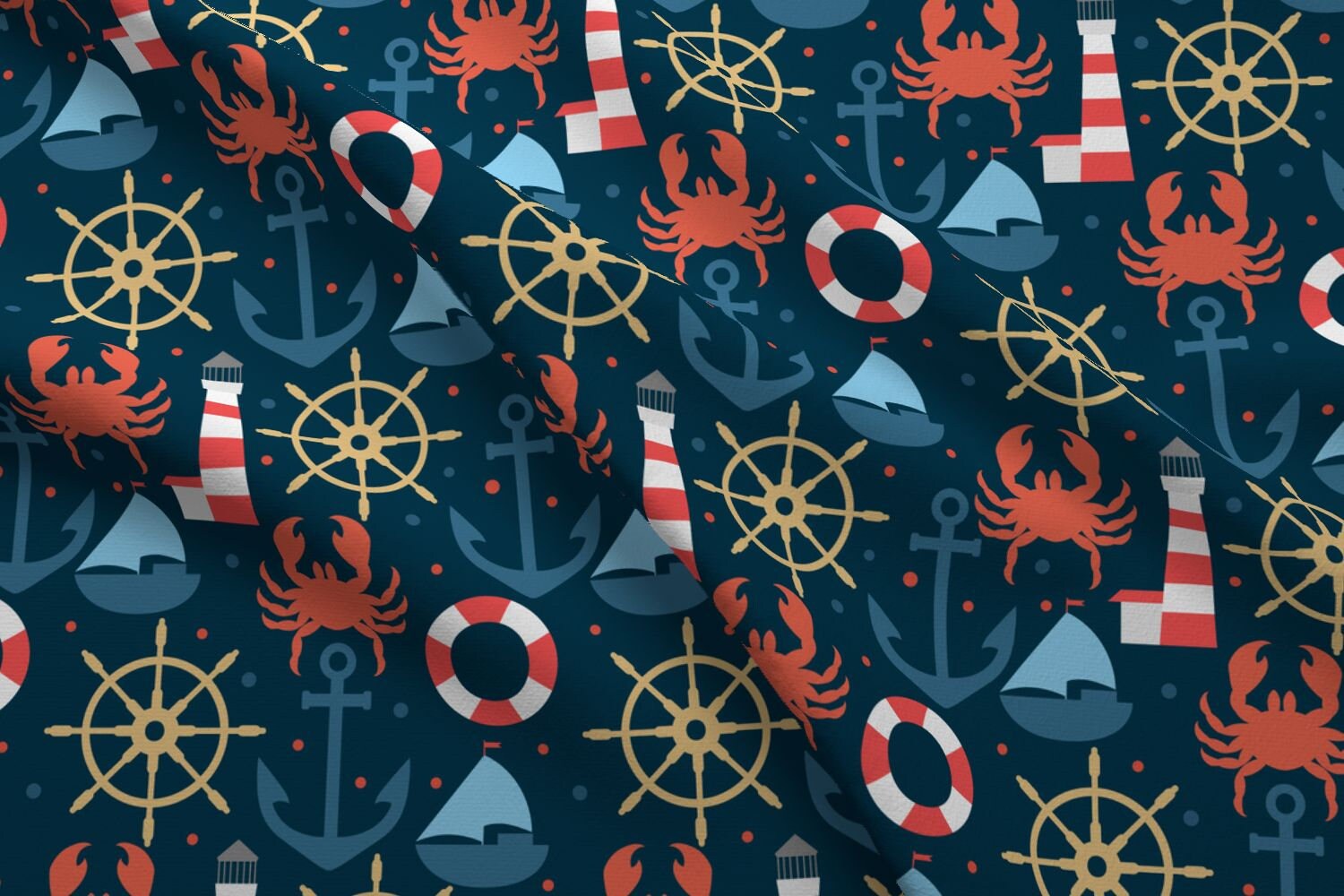 Nautical Kids Fabric Sea Blue Pattern By Juliabadeeva Navy | Etsy