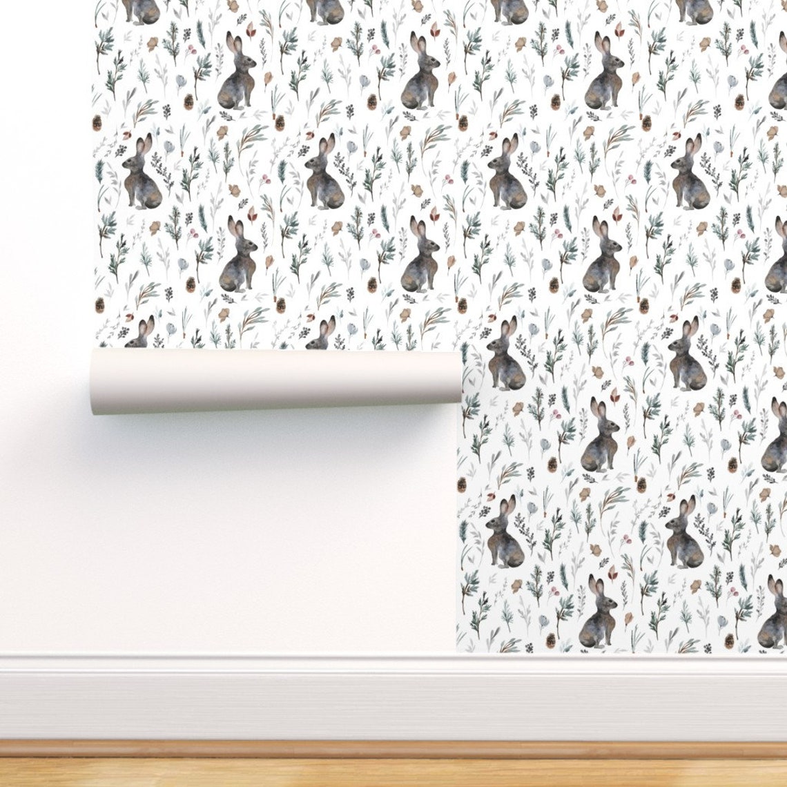 Nursery Wallpaper Woodland Bunnies by Hipkiddesigns White | Etsy