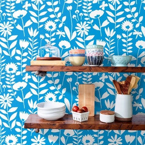 Floral Wallpaper Cutout Flower White on Blue by Kate Rowley Nature ...