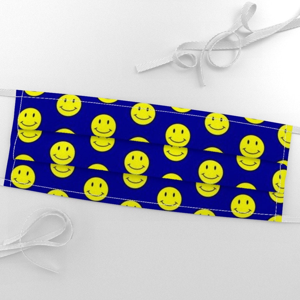 Blue Smiley Fabric Bright Yellow Basic Smiley Blue Small by | Etsy