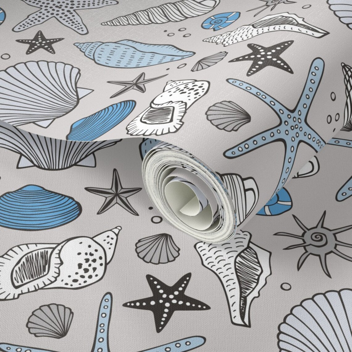 Shells Wallpaper Seashells Nautical Blue Gray by Caja Design - Etsy