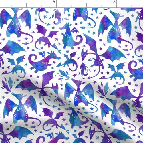 Dragon Fabric Fire Dragons in Purple and Blue Watercolors by | Etsy
