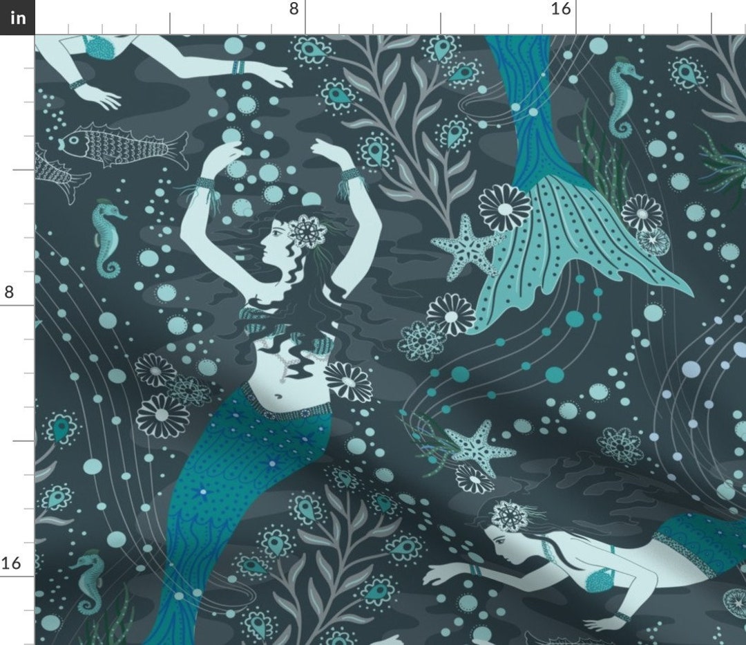 Teal Mermaids Fabric Dance of the Mermaids by Misentangledvision ...