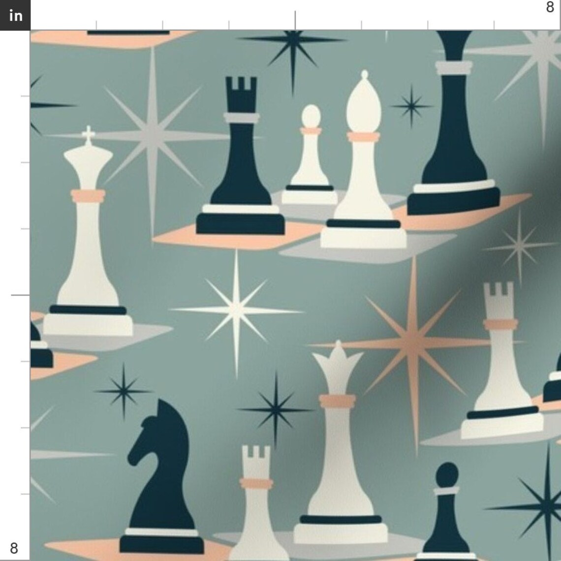 Chess Fabric Checkmate By Jjtrends Mint Blue Games Kings | Etsy