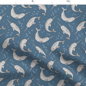 Narwhals on Blue Fabric Narwhal Grey on Blue by Caja Design Narwhals Whales Sea Creature Horn ...