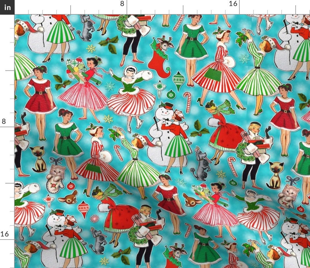 Pinup Vintage Dresses Illustration Fabric Pinup Christmas Traditions by ...