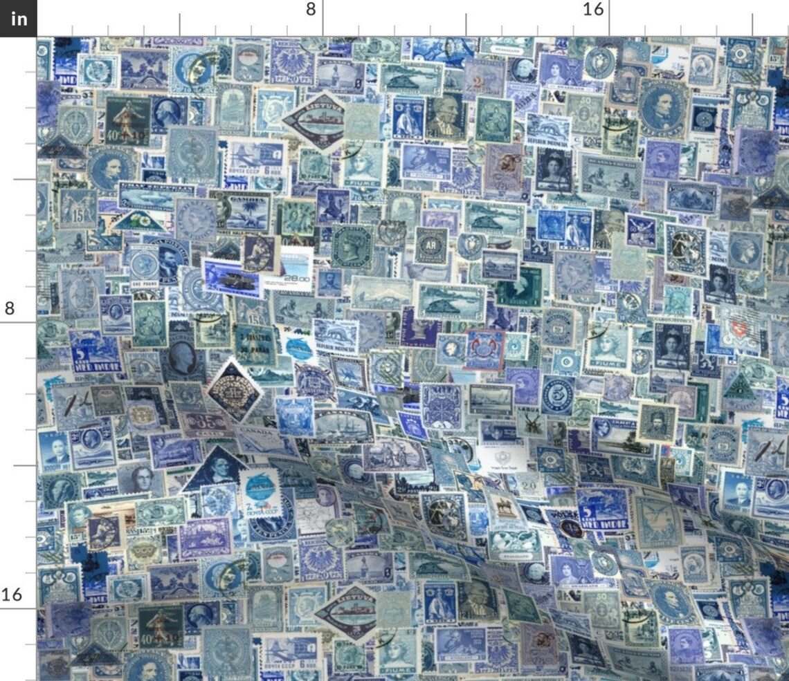 Blue Stamp Collage Fabric Blue Postage Stamp Collage | Etsy