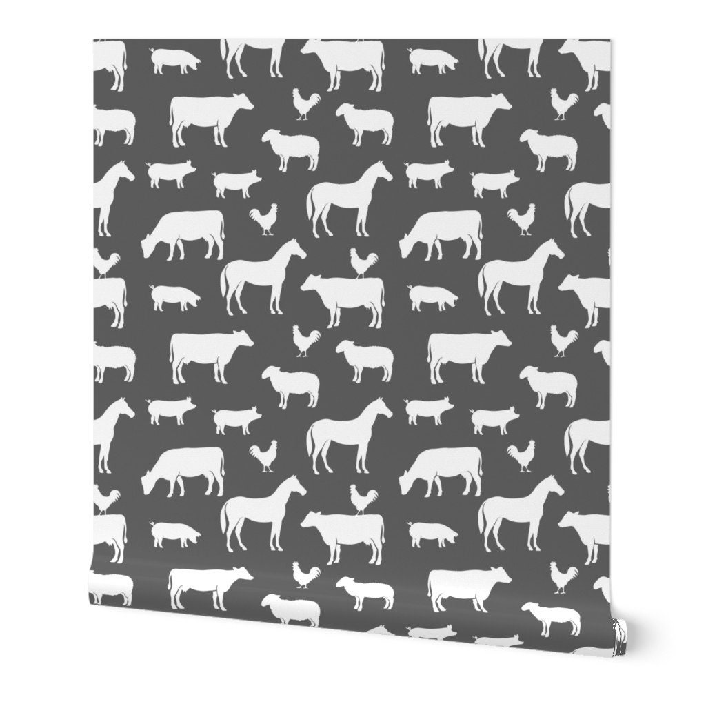 Farm Wallpaper Farm Animal Medley Gray Pink by | Etsy