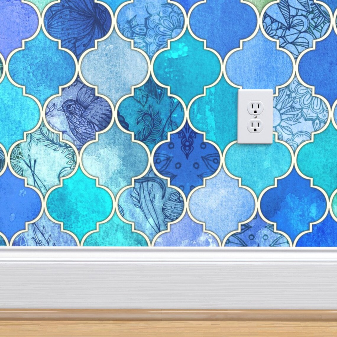 Moroccan Wallpaper Cobalt Blue and Aqua Decorative Tiles by | Etsy